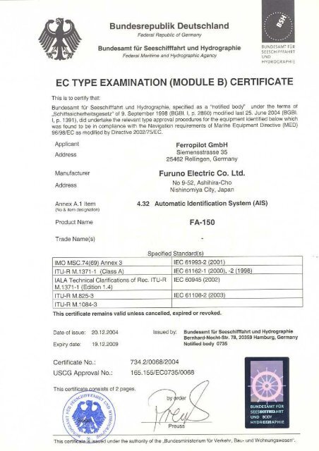 FA150 BSH Type Acceptance Certificate - Furuno USA