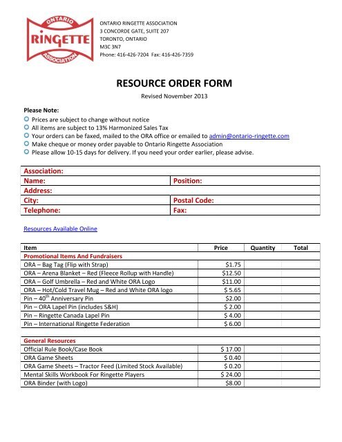 Resource Order Form.pdf - Ontario Ringette Association