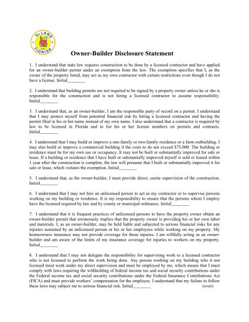 Owner-Builder Disclosure Statement - City of DeLand