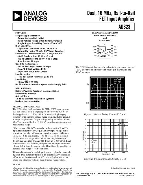 AD823 Dual, 16MHz, Rail-to-Rail FET Input Amplifier