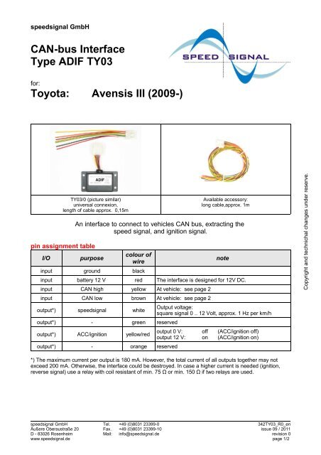 CAN-bus Interface Type ADIF TY03 Toyota ... - speedsignal.de