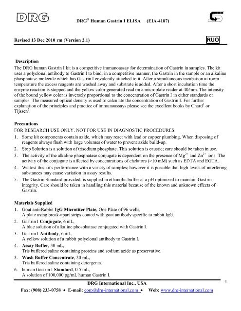 DRG Human Gastrin I ELISA (EIA-4187 ... - DRG International