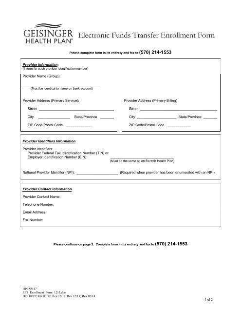 EFT enrollment form - Geisinger Health Plan