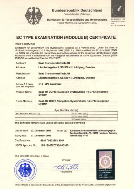 EC TYPE EXAMINATION (MODULE B) CERTIFICATE - Sperry Marine