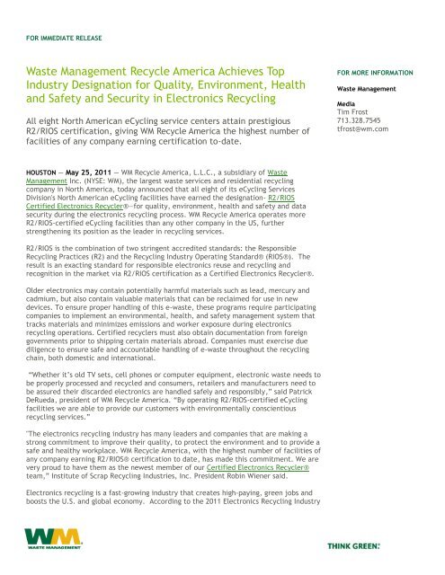Waste Management Recycle America Achieves Top Industry ...
