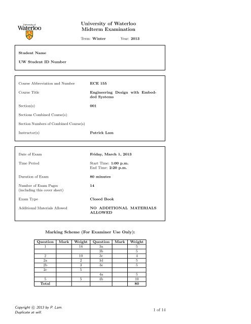 University of Waterloo Midterm Examination - Patrick Lam