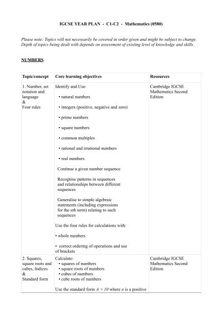 Igcse Year Plan C1 C2 Mathematics 0580 Please Note