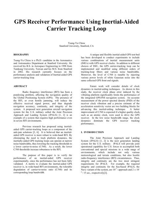 GPS Receiver Performance Using Inertial-Aided Carrier Tracking Loop