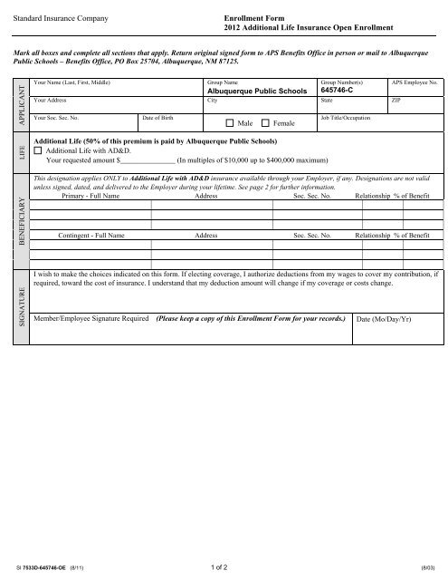 Standard Insurance Company Enrollment Form 2012 ... - The Standard