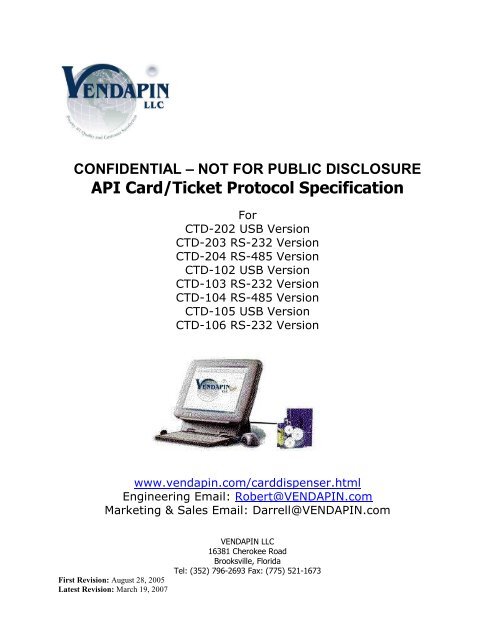 API Card/Ticket Protocol Specification - Vendapin LLC