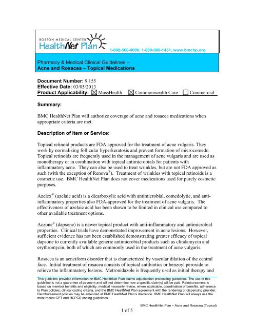 Acne and Rosacea - BMC HealthNet Plan