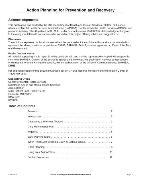 Action Planning for Prevention and Recovery - SAMHSA Store