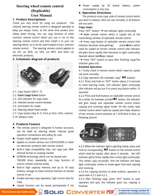 Steering wheel remote control (Replicable) User Manual - CnBuyNet