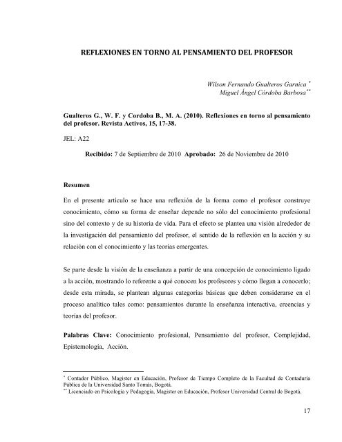 reflexiones en torno al pensamiento del profesor - Facultad de ...