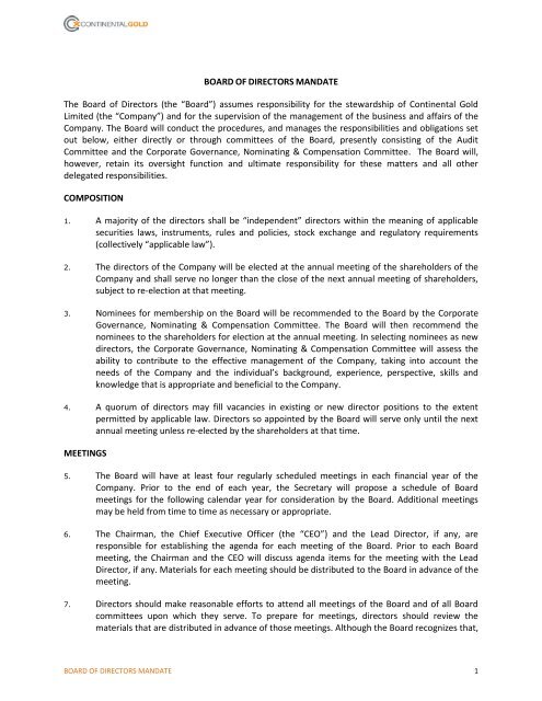 BOARD OF DIRECTORS MANDATE The Board ... - Continental Gold
