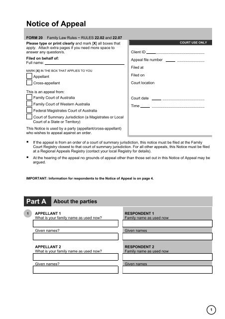 Application for Final Orders - Family Court of Western Australia