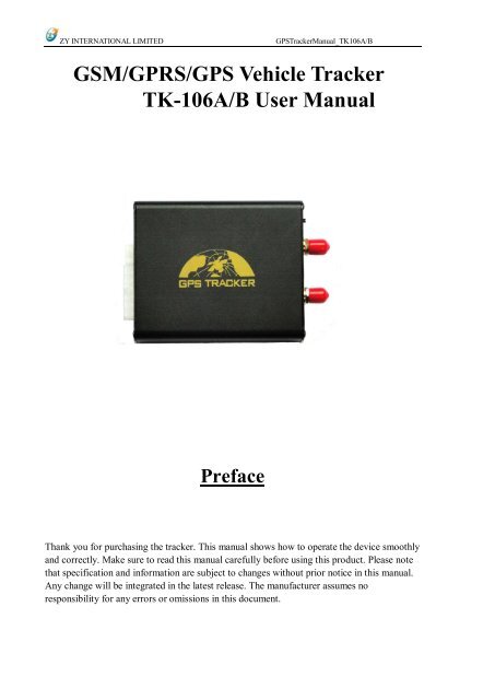 GSM/GPRS/GPS Vehicle Tracker TK-106A/B User Manual