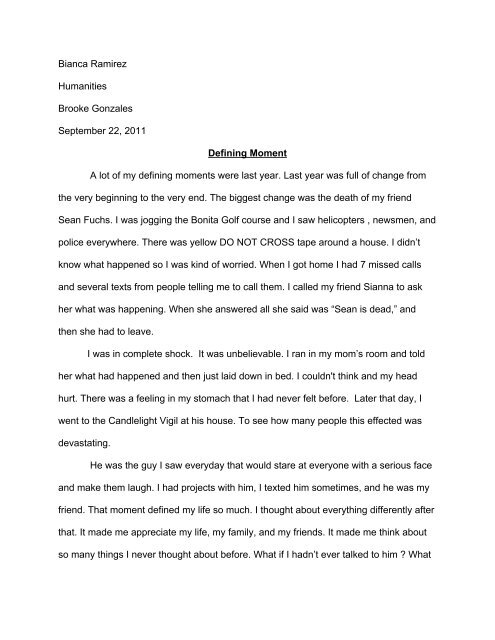 Defining Moment: student example