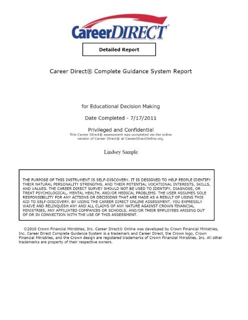 Career Direct Sample Detailed Report - BJU Press