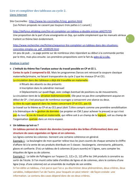 Lire et compléter des tableaux au cycle 2. Liens internet ... - index