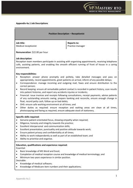 1 Appendix 4a.1 Appendix 4a.1 Job Descriptions Position Description