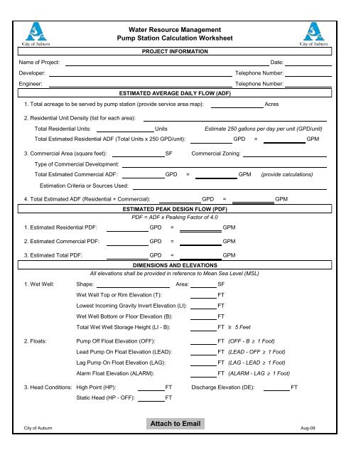 Pump Station Calculation Worksheet - City of Auburn