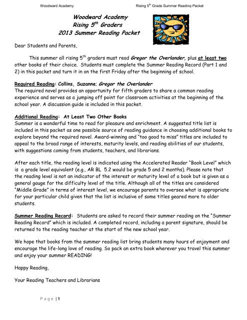Summer Reading Packet pdf Woodward Academy Summer Reading Packet pdf Woodward Academy