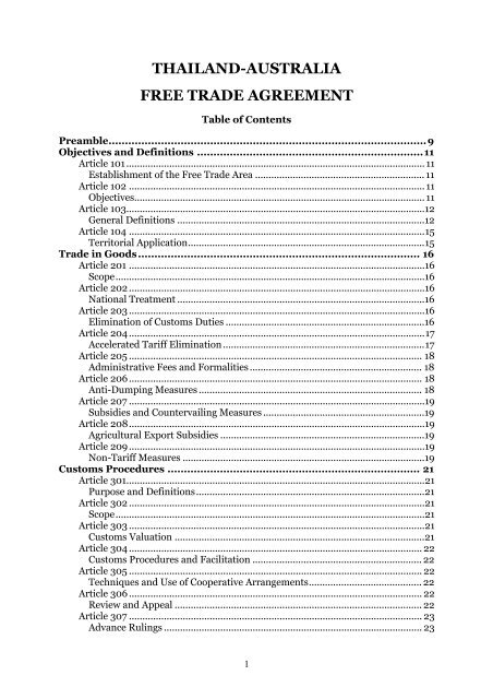 THAILAND-AUSTRALIA FREE TRADE AGREEMENT - FTA