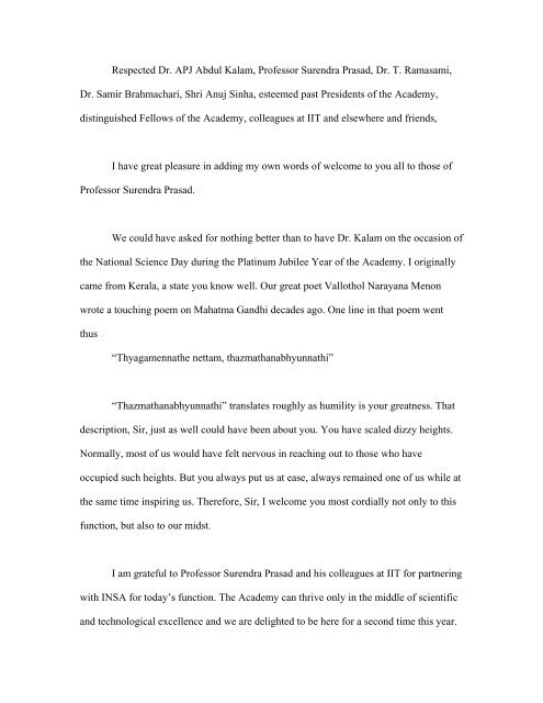 science day lecture - Indian National Science Academy