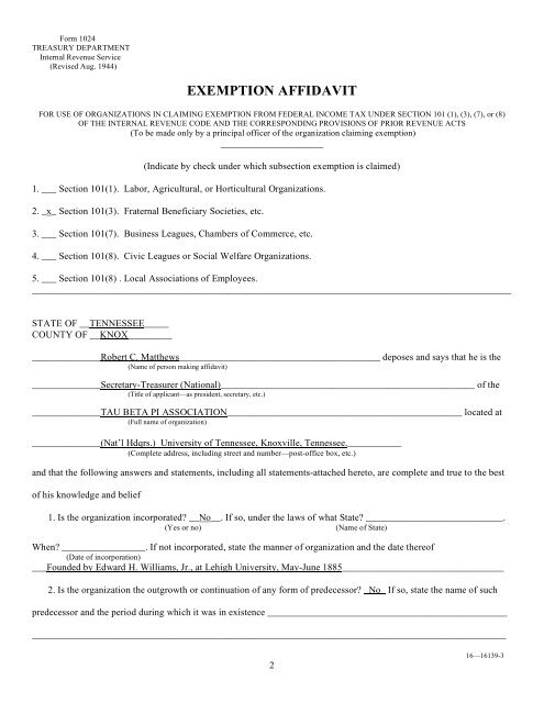 IRS Exemption Affidavit, Form 1024 - Tau Beta Pi