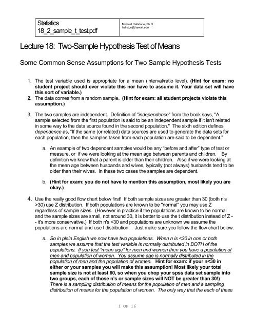 Lecture 18 Two Sample Hypothesis Testing Laulima 0777