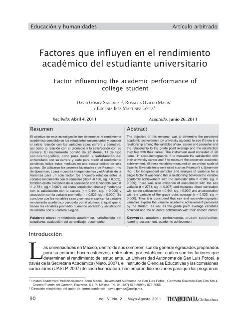 Factores que influyen en el rendimiento acadÃ©mico del estudiante ...