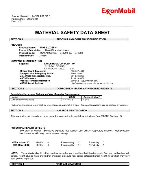 Download Mobilux EP 0 Material Safety Data Sheet (MSDS)