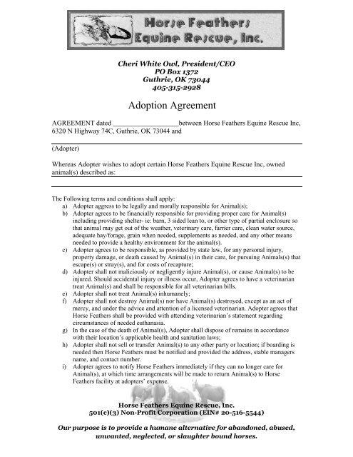 Adoption Agreement - Horse Feathers Equine Rescue