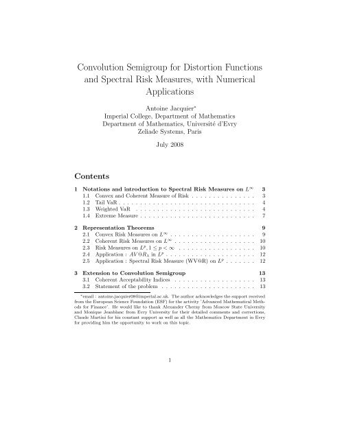 Convolution Semigroup for Distortion Functions and Spectral Risk ...