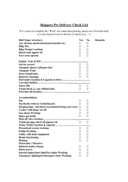 Delivery Checklist - Yacht Delivery Uk