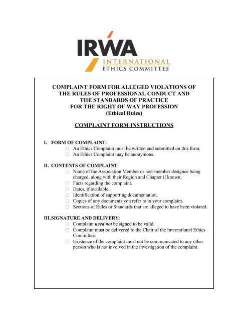 Ethics Complaint Form - International Right of Way Association