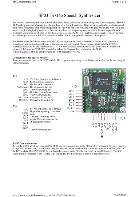SP03 Text to Speech Synthesizer - Page personnelle de Ph.Arlotto