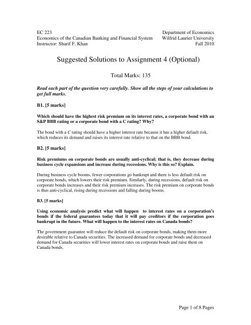 Suggested Solutions to Assignment 4 (Optional) - Wilfrid Laurier ...