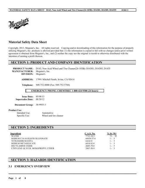 Material Safety Data Sheet SECTION 1: PRODUCT AND ... - Meguiar's