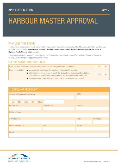 Harbour Master Approval Form - Sydney Ports