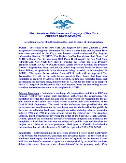 Issued July 2, 2003 - First American Title Insurance Company of ...