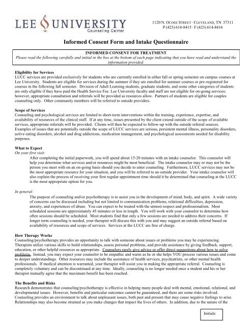 Intake Form Part 1 - Lee University