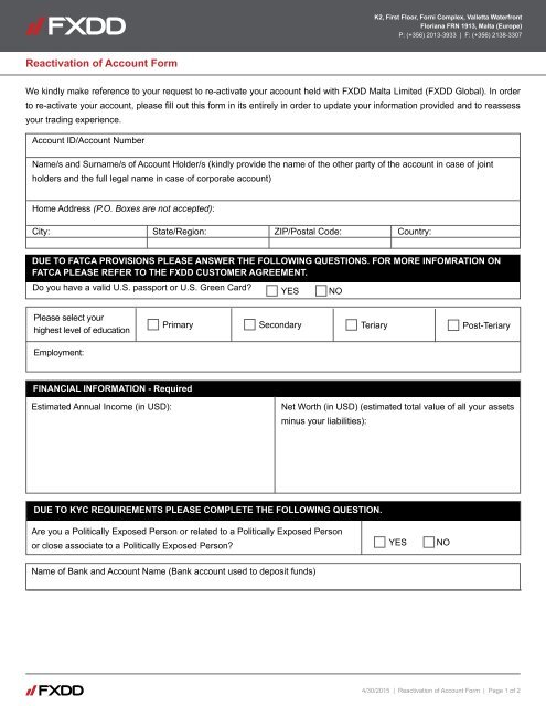 Reactivation of Account Form - Fxdd.com