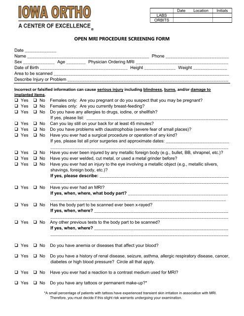 OPEN MRI PROCEDURE SCREENING FORM - Iowa Ortho