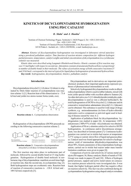 kinetics of dicyclopentadiene hydrogenation using pd/c catalyst