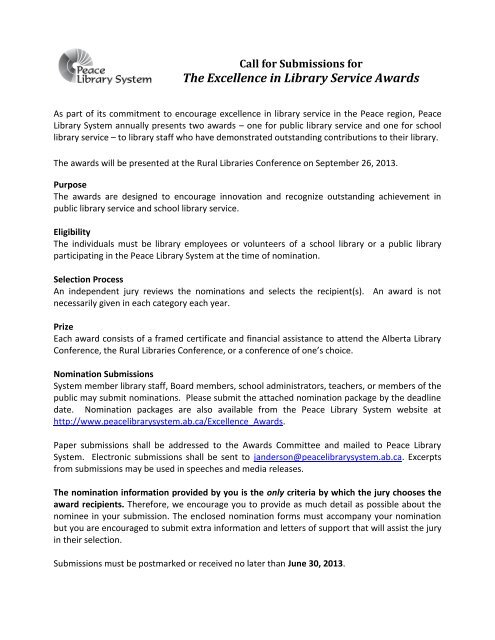 The Excellence in Library Service Awards - Peace Library System