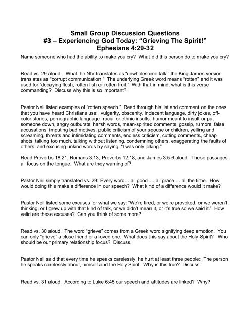 Small Group Questions - Fellowship Wesleyan Church