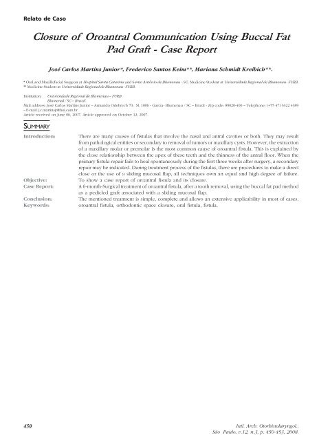 Closure of Oroantral Communication Using Buccal Fat Pad Graft ...