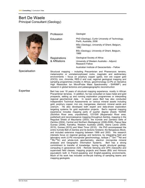 Curriculum Vitae - of the webpage of Bert De Waele, Geologist